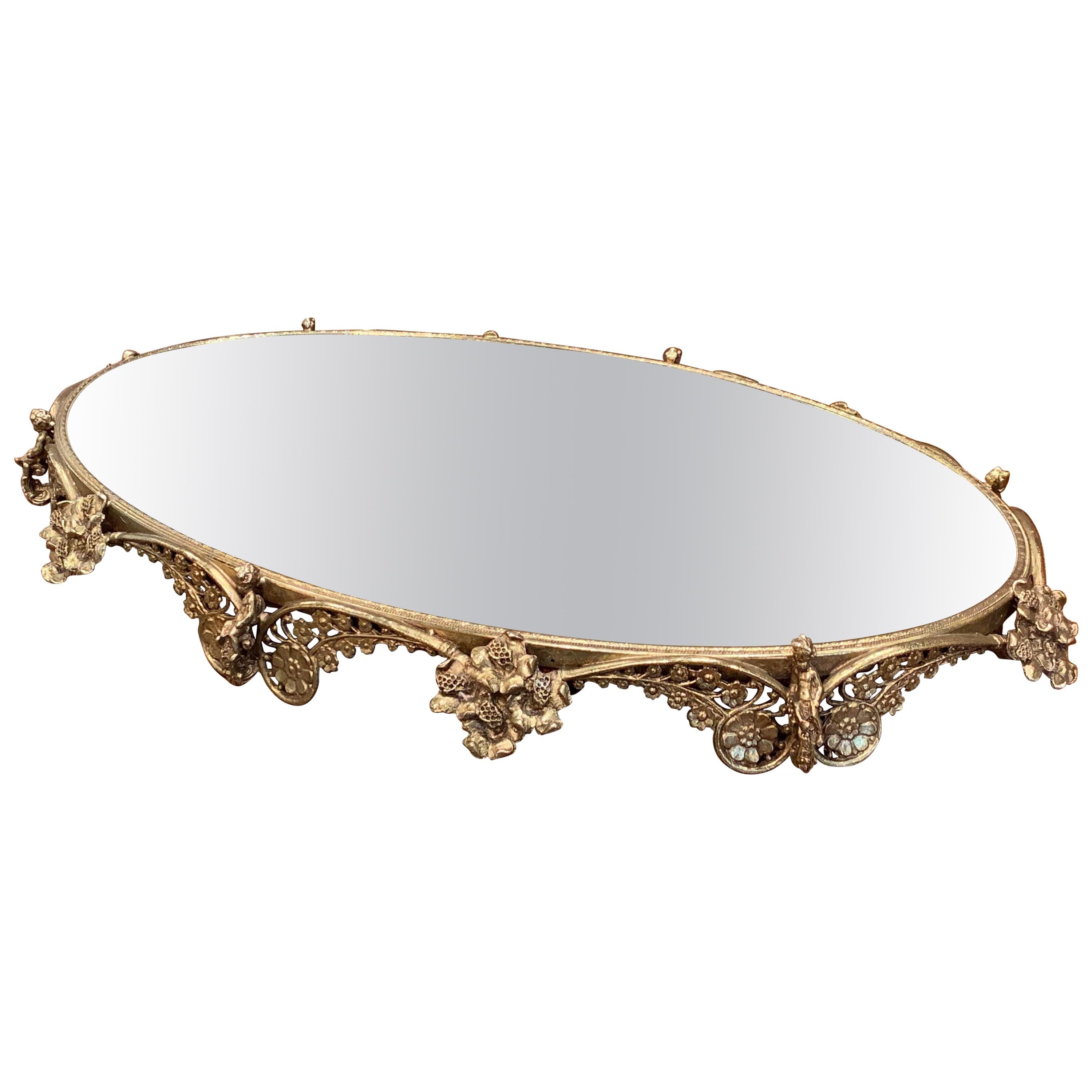 Early 20th Century French Brass Mirrored Plateau with Floral and Cherub ...