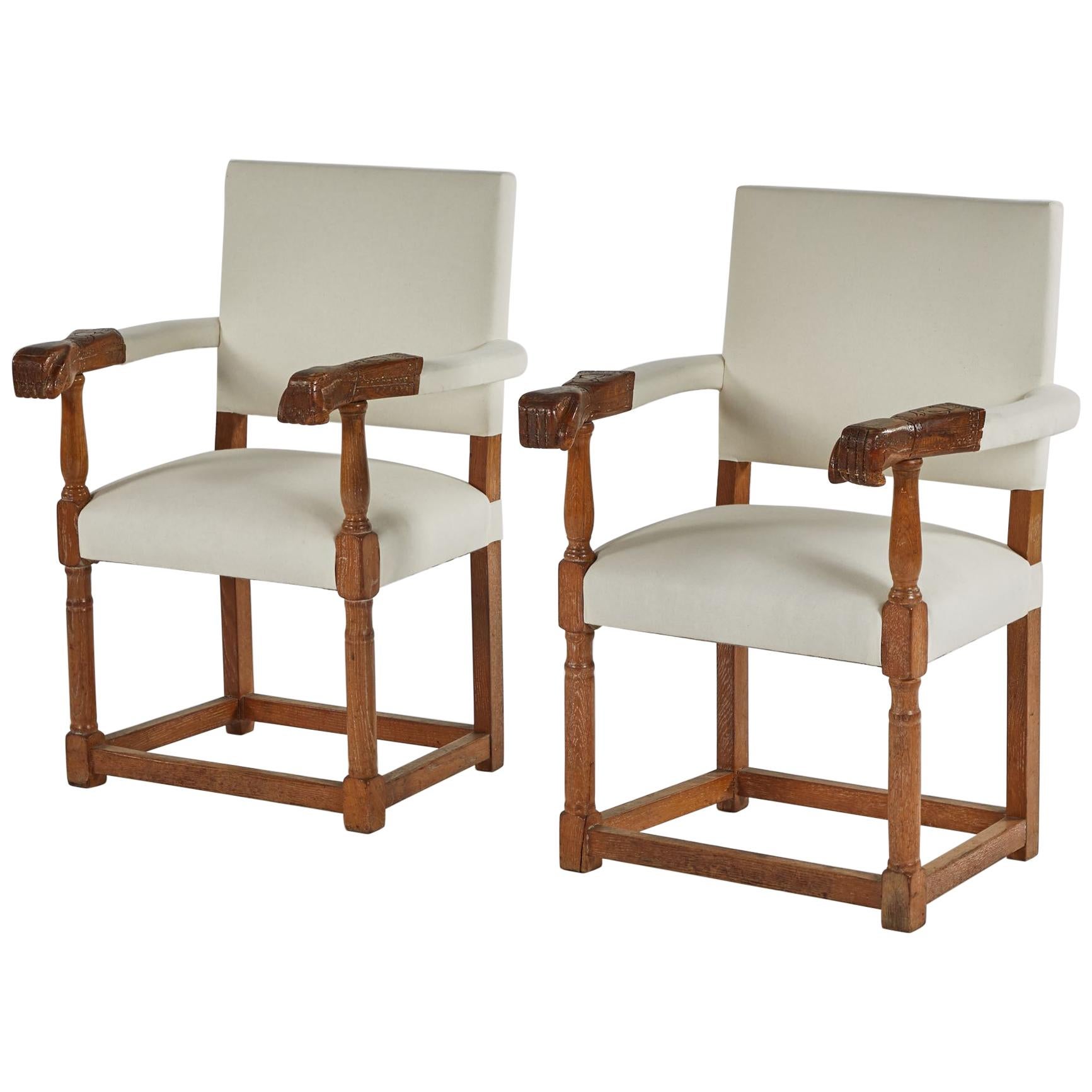 Pair of Upholstered Armchairs with Carved Arms as Hands at 1stDibs