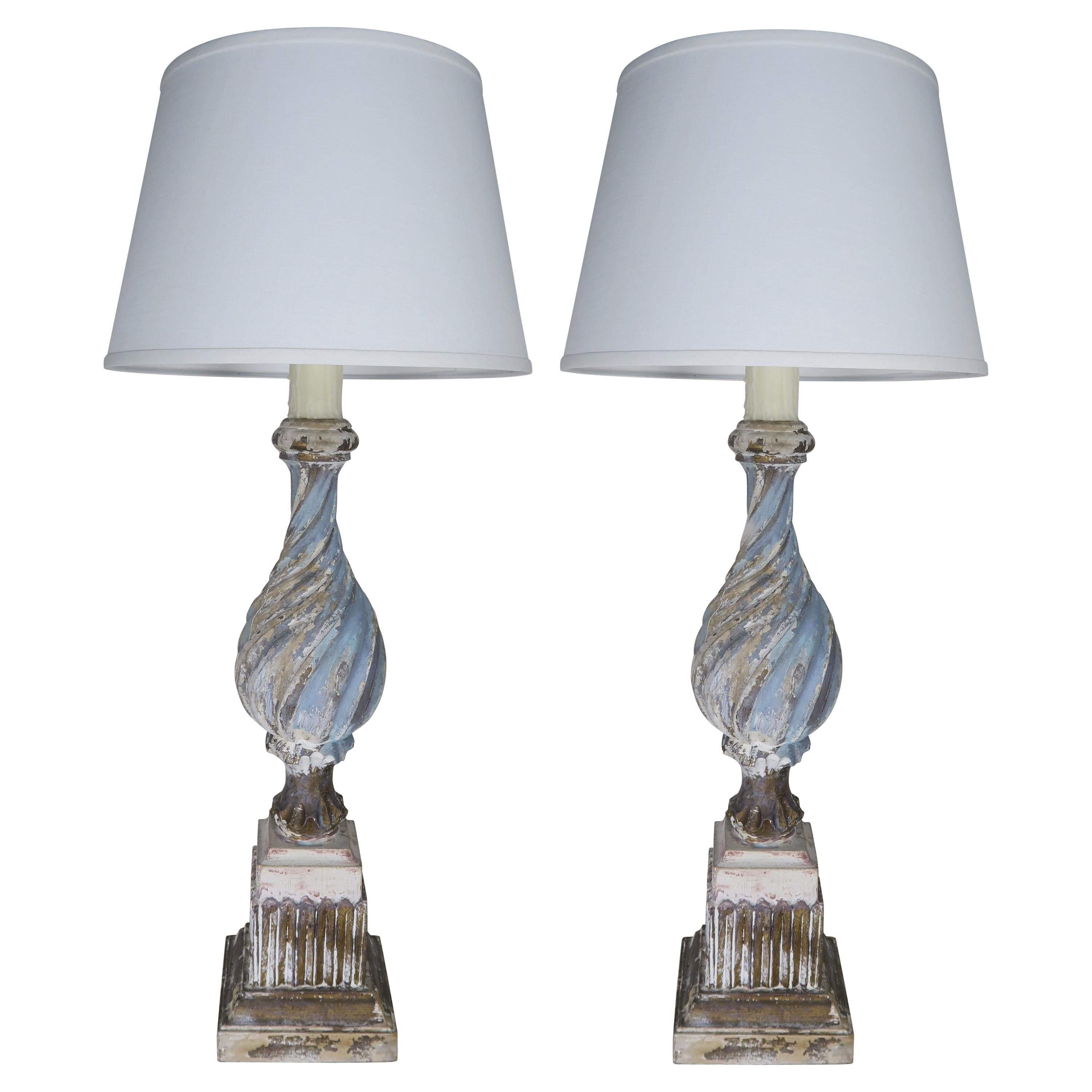 Italian Carved Periwinkle Lamps with Linen Shades, Pair at 1stDibs