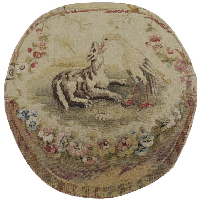 19th Century Oval Aubusson Tapestry Fragment Depicting Wolf and Stork ...