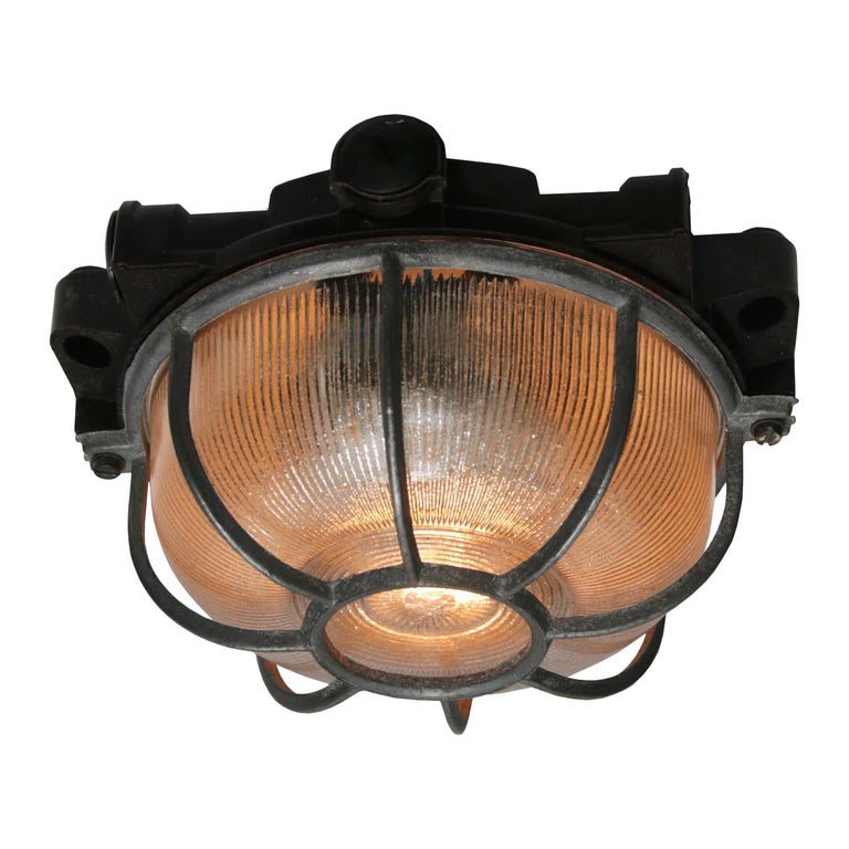 Vintage Industrial Bakelite Holophane Glass Flush Mount Ceiling Lights ...