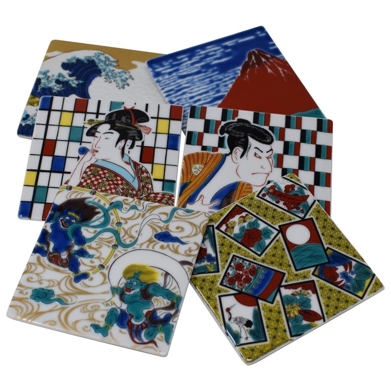 Set of Six Japanese Contemporary Red Blue Porcelain Coasters For Sale ...