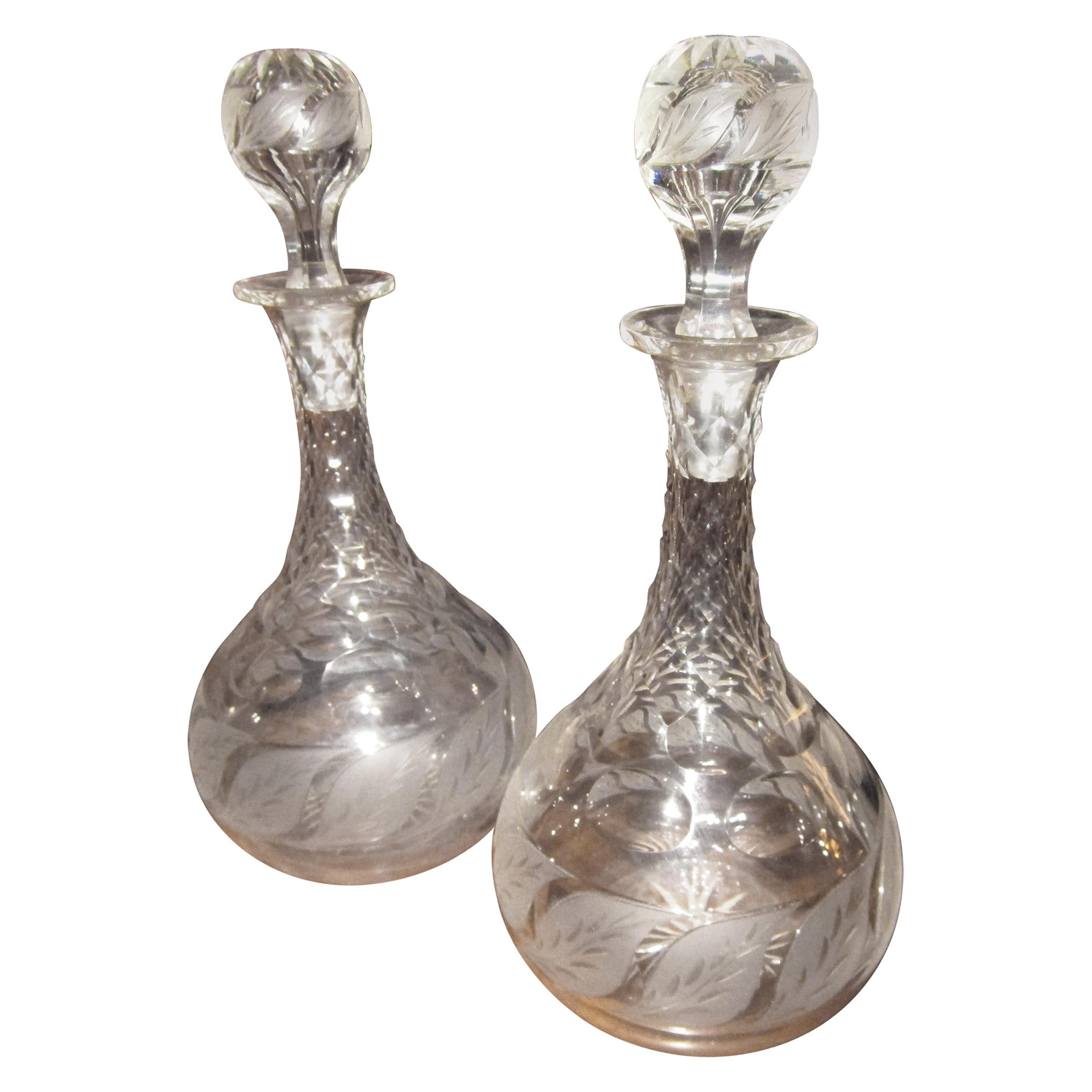 19th century Pair of English Etched Glass Decanters For Sale at 1stdibs