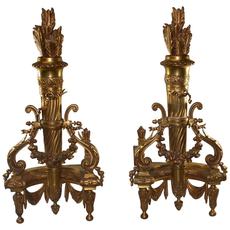 Pair of French Andirons Arrows and Quiver Gold Dore' For Sale at 1stDibs