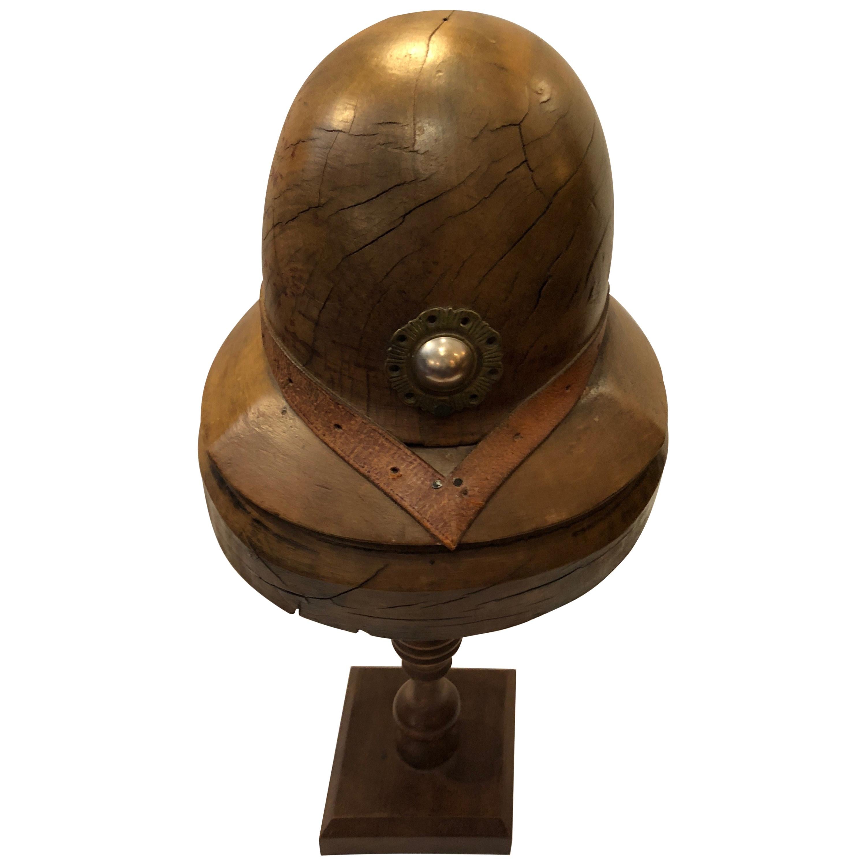 One of a Kind Walnut Sculpted Helmet on Stand at 1stDibs