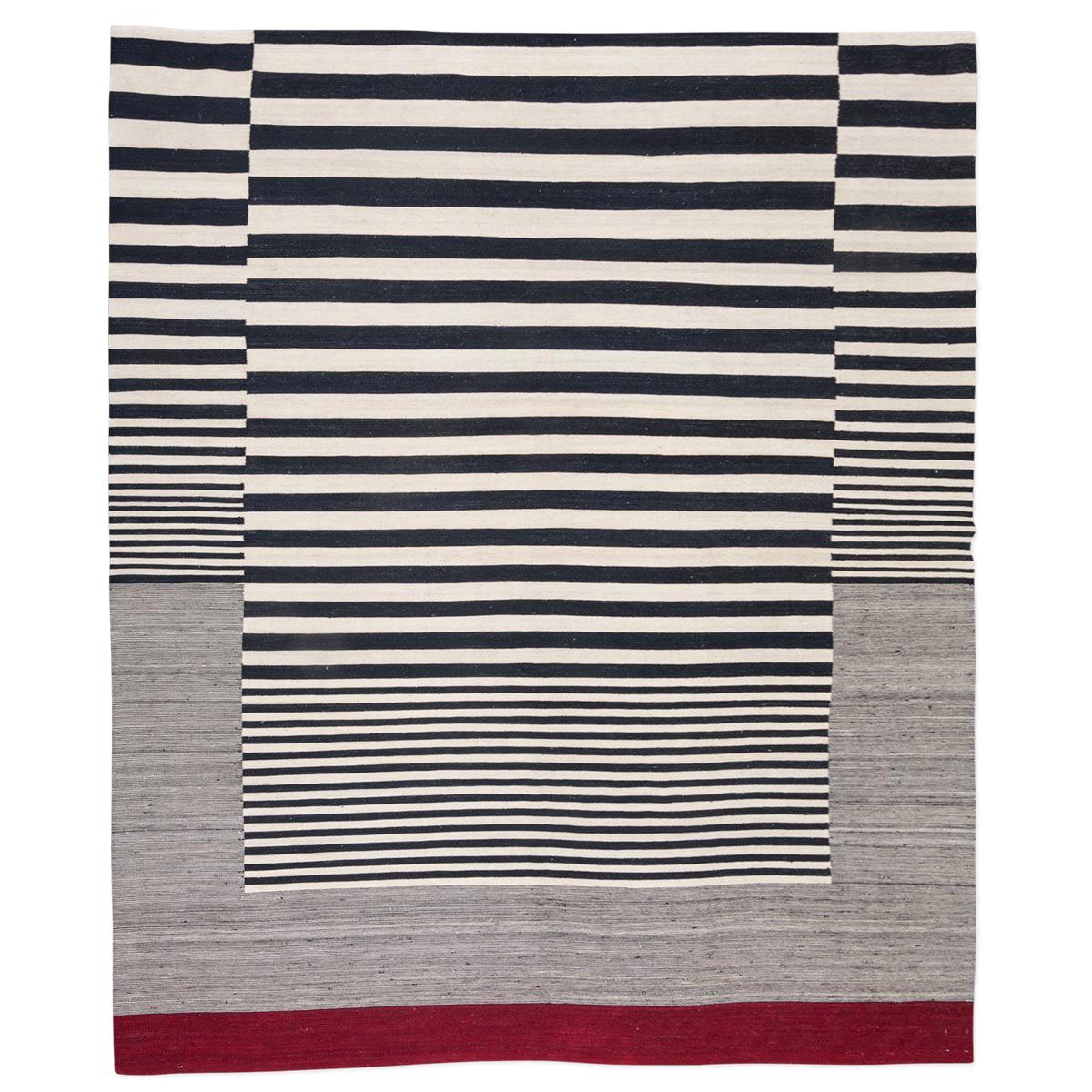 Contemporary, Handmade Flat-Weave Rug, Lines Design with Black and Red ...