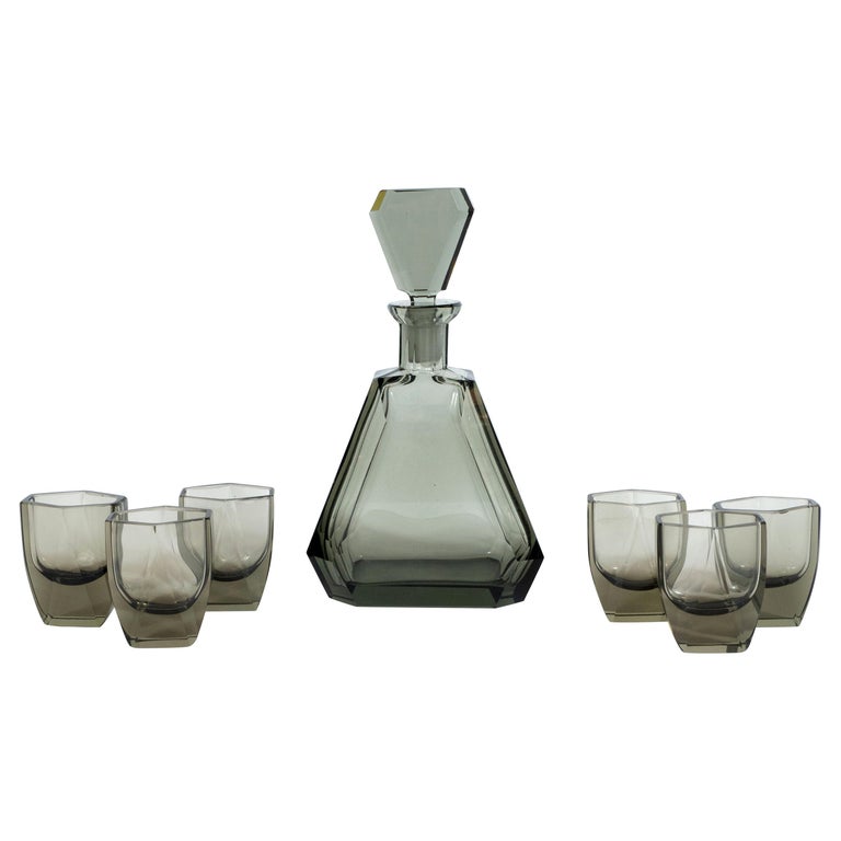 Art Deco Czech Cubist Decanter Set with Six-Shot Glass in Clear ...