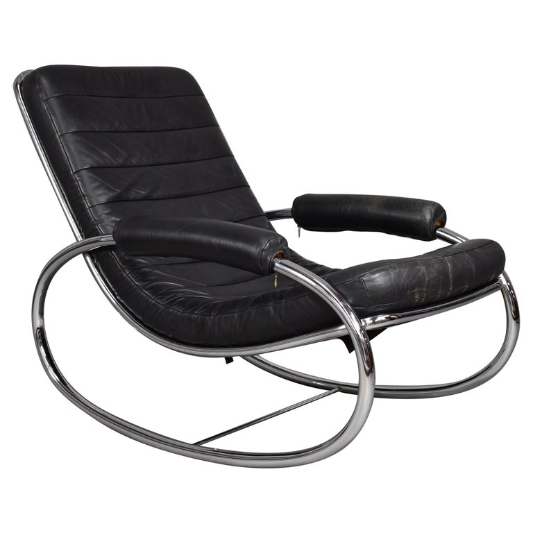 Italian Milo Baughman Style Rocking Chair in Chrome and Leather, circa ...
