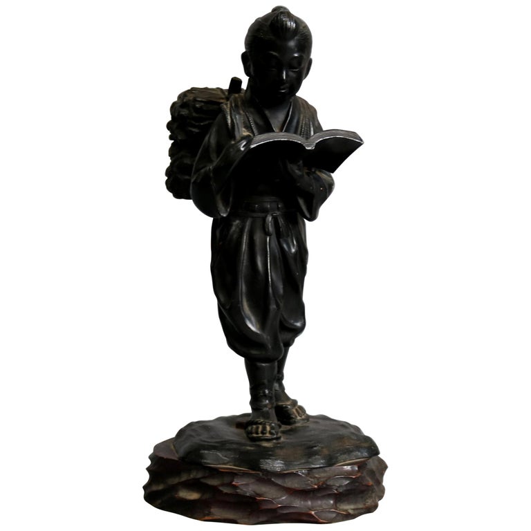 Antique Chinese Figural Bronzed Portrait Sculpture of Young Man Reading ...
