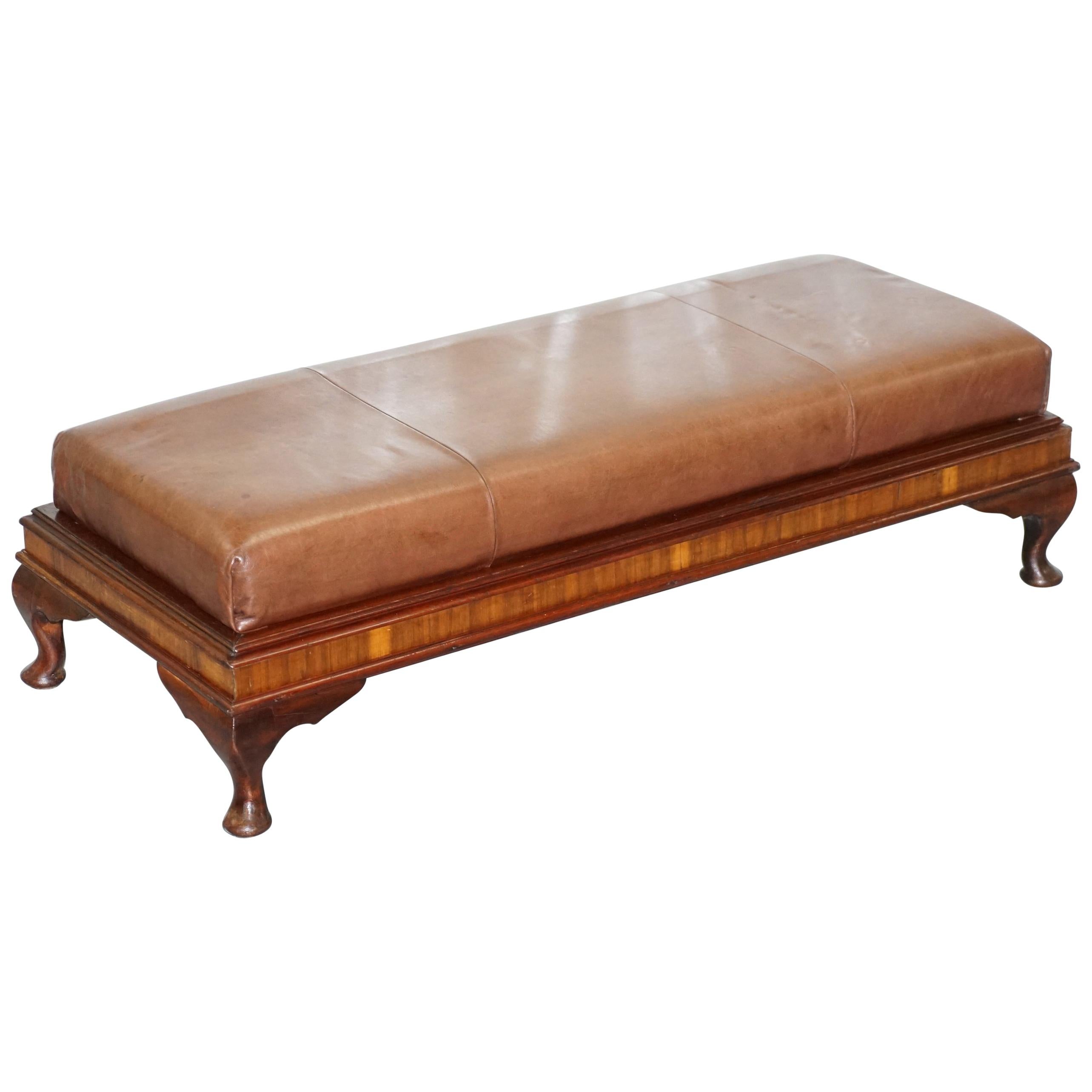 Long Antique Walnut and Beechwood Brown Leather Two Person Bench ...
