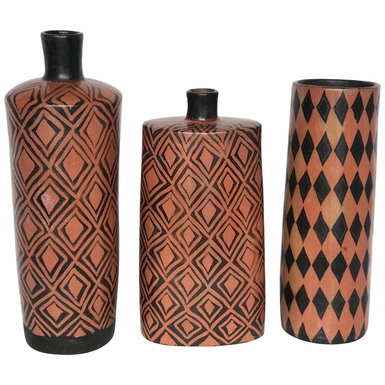 Honduran Smoke Stenciled Geometric Ceramic Vessels at 1stDibs