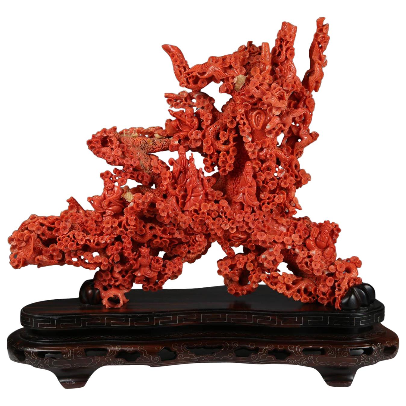 Exceptional Large Chinese Carved Coral Figural Group of a Pine Tree and ...