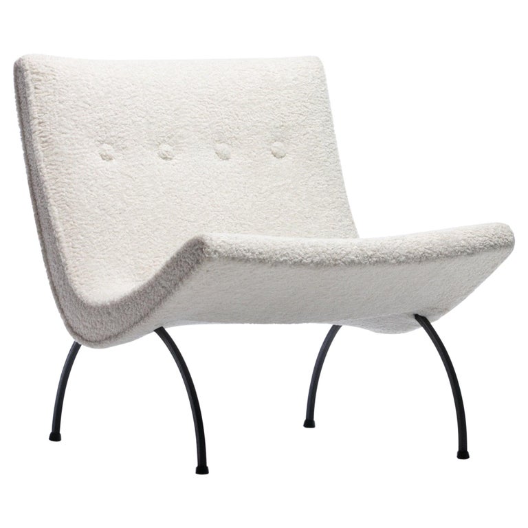 Ivory Shearling Milo Baughman Scoop Chair with Iron Legs, Circa 1950s ...