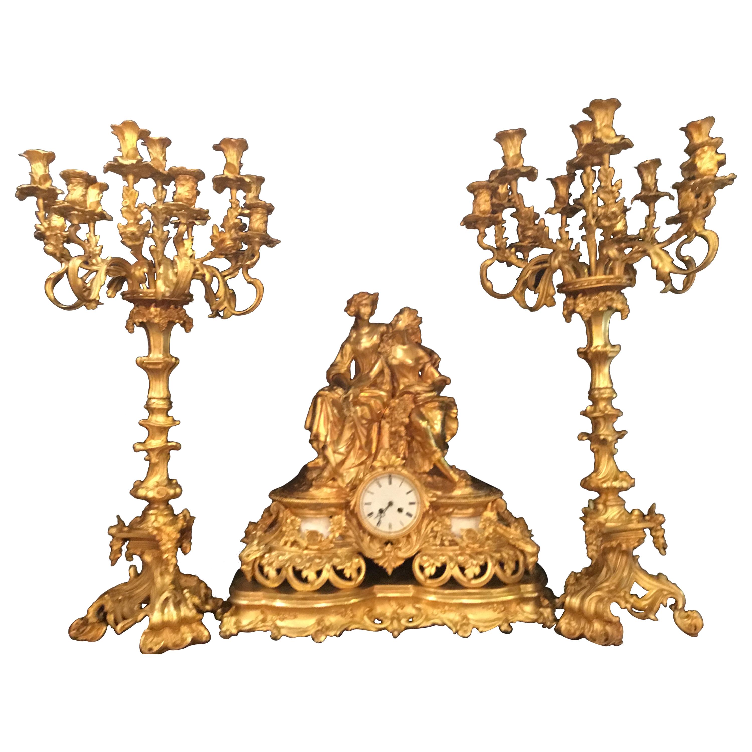 Elegant and Large Gilt Bronze Three-Piece French Garniture Set at 1stDibs