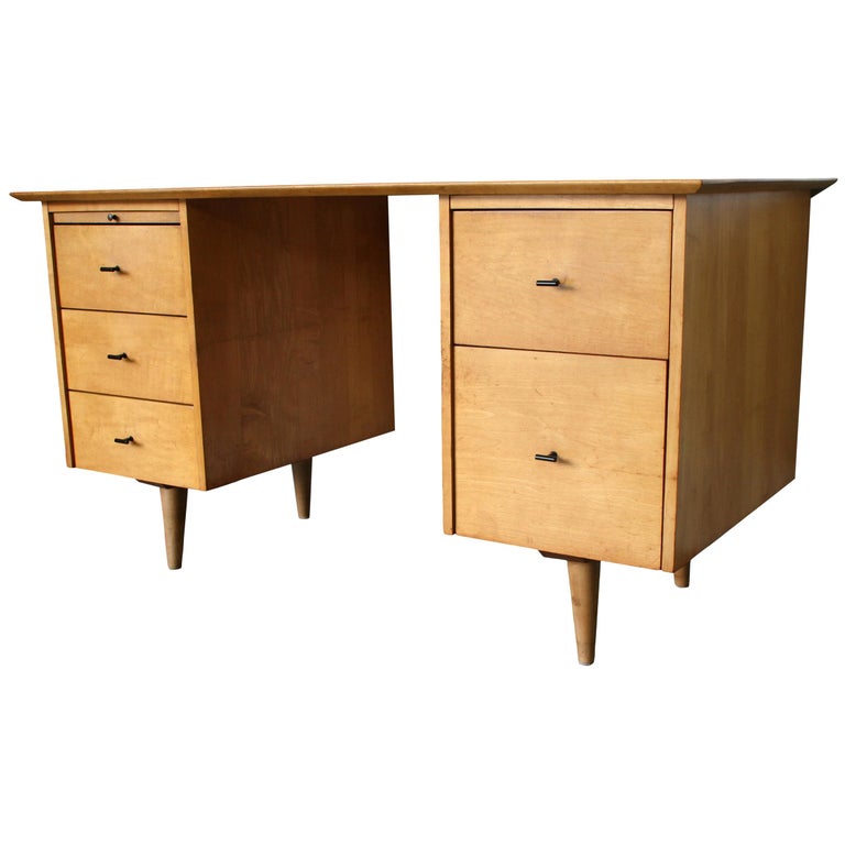 Midcentury Paul McCobb #1561 Double Pedestal Desk Blonde Maple Finish T ...