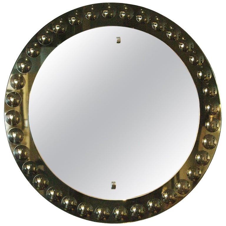 1950s Round Mirror, Intaglio Grey-Green Mirror Frame, Italy at 1stDibs