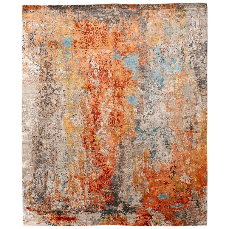 Abstract Silk and Wool Rug, Design in Soft Colors over Orange and Gray ...