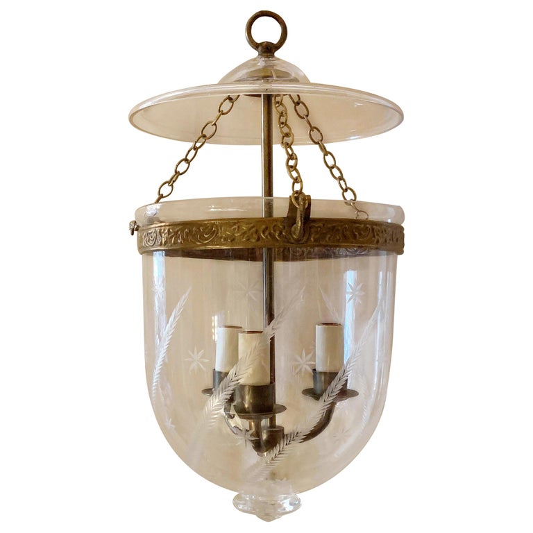 English Etched Star Wheat Glass Bell Jar Lantern Pendent Brass 3 Light ...