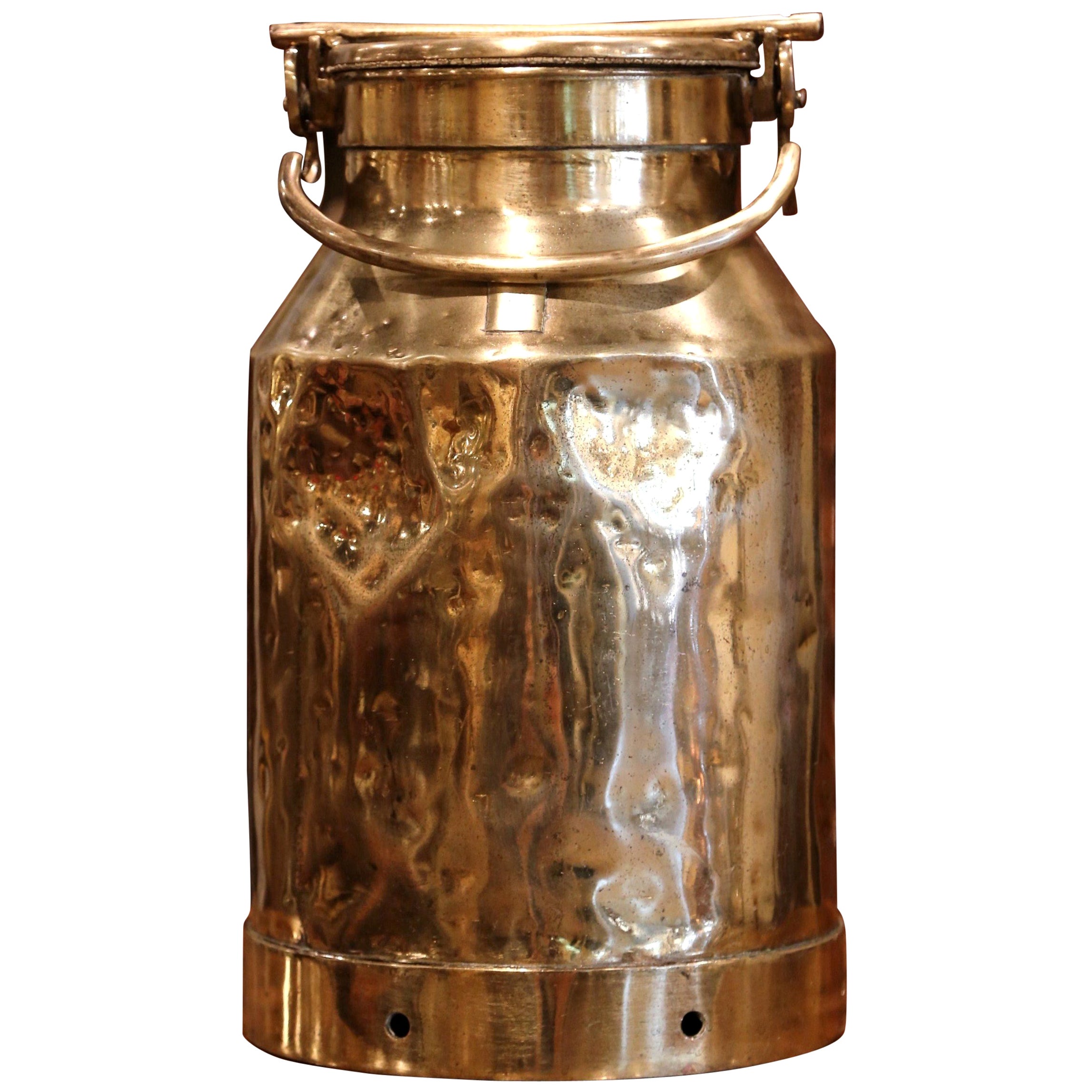 19th Century French Patinated Brass Milk Container with Handle and Lid ...