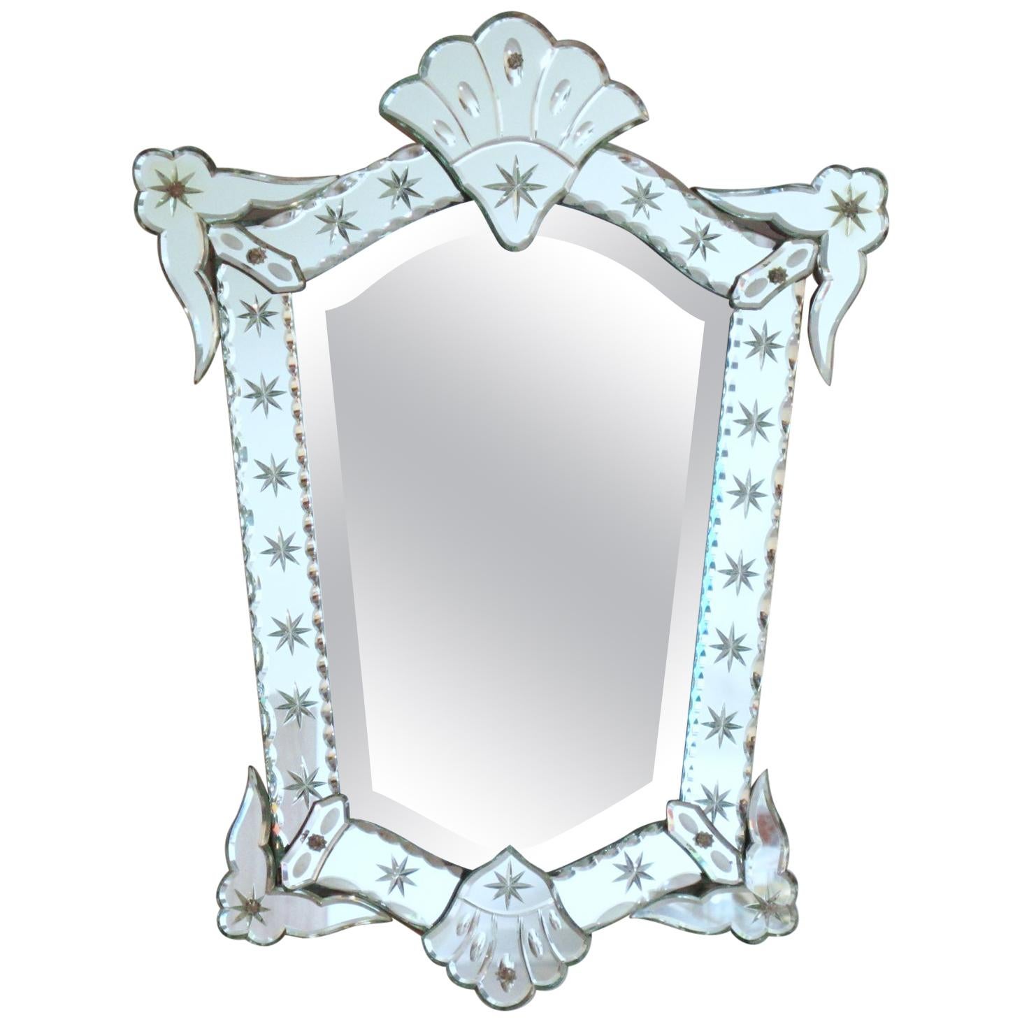 1940s French Decorative Venetian Style Wall Mirror Beveling and Star ...