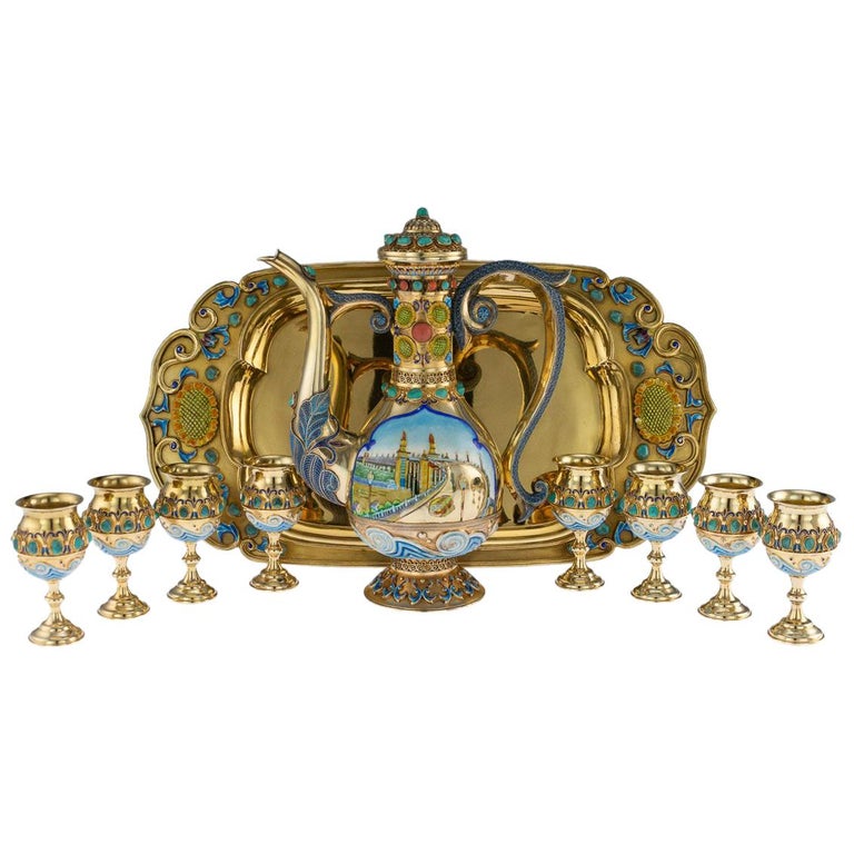 Chinese Silver-Gilt and Enamel Nanjing-Changjiang-Bridge Sake Set ...