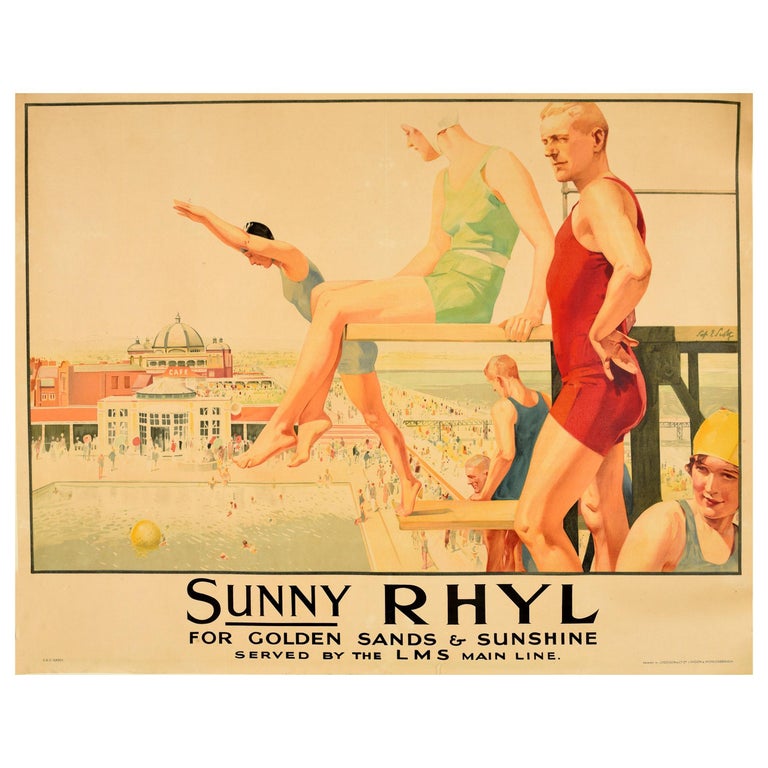 Original Vintage LMS Travel Poster Sunny Rhyl for Golden Sands and ...
