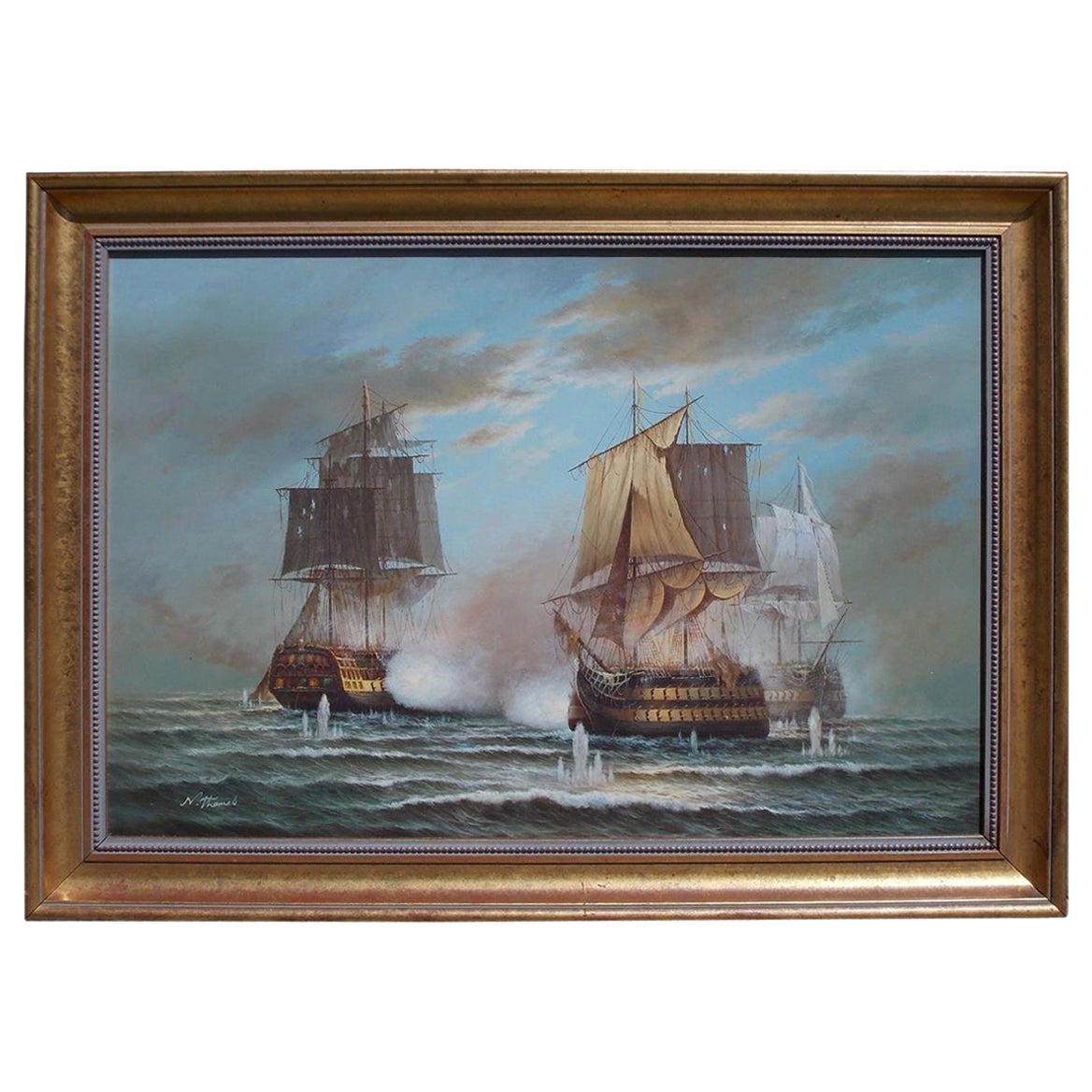 Framed Brass Nautical Maritime Oil on Canvas Painting of Ship at Sea ...