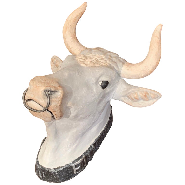 Hand Painted French Terracotta Butcher Cow Head Sculpture with Ring and ...