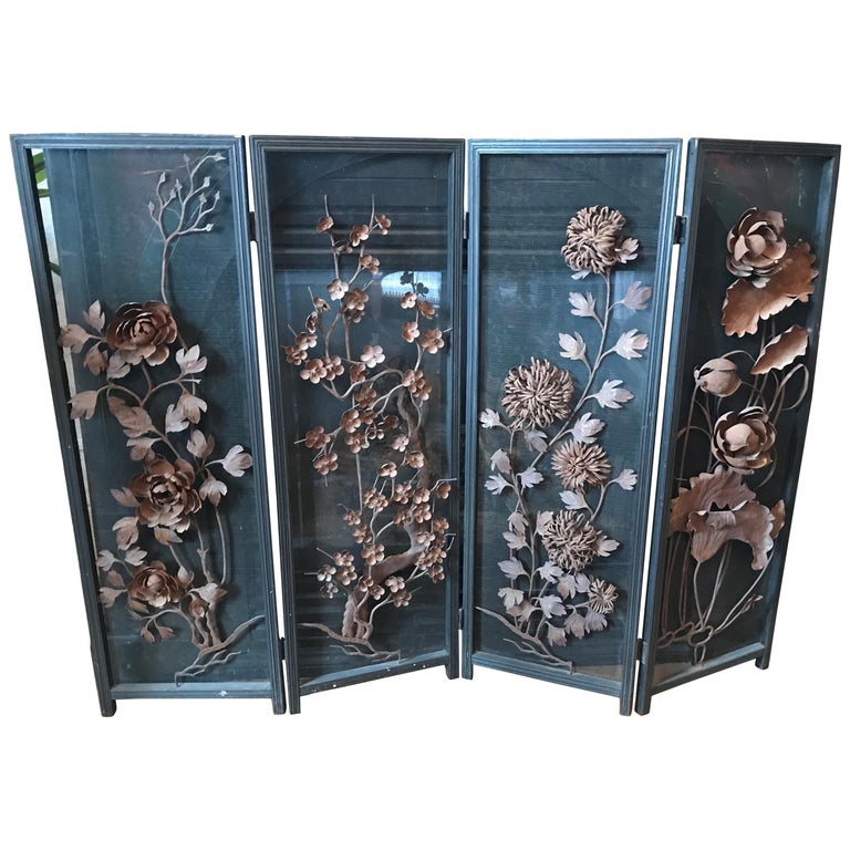 Chinese Mid-20th Century Fireplace Screen, Applied Flowers, Four Panels ...