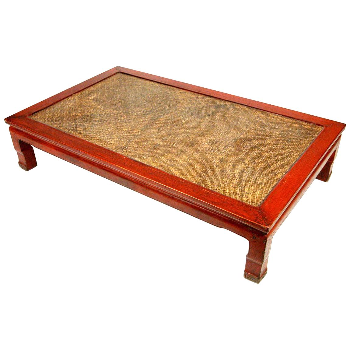 Chinese Red Lacquer Coffee Table with Woven Rice Top at 1stDibs