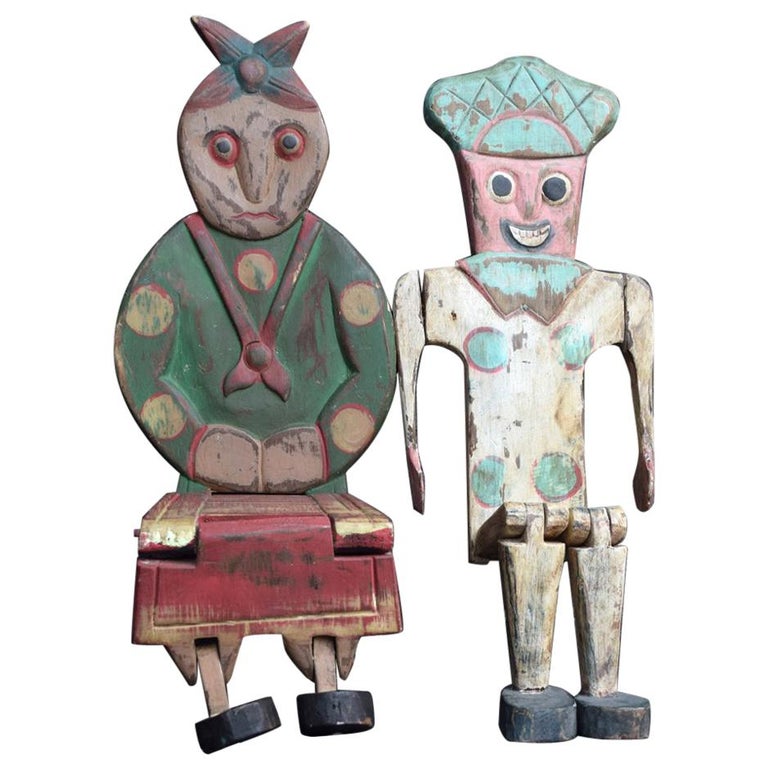 Pair of American Folk Art Mid-20th Century Carved Wood Figures at 1stDibs