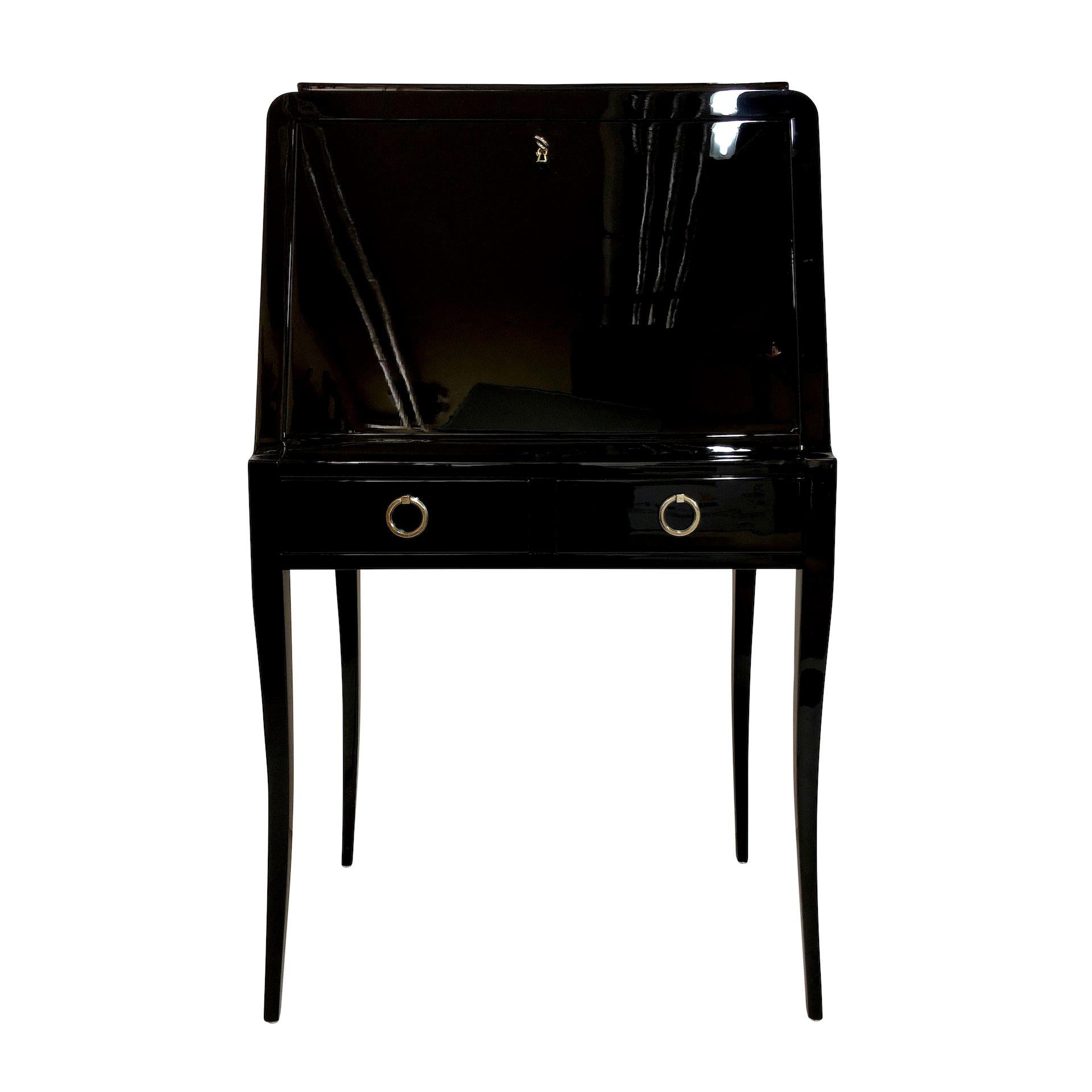 Art Deco Secretary on Long Feet in Black High Gloss Piano Lacquer with ...