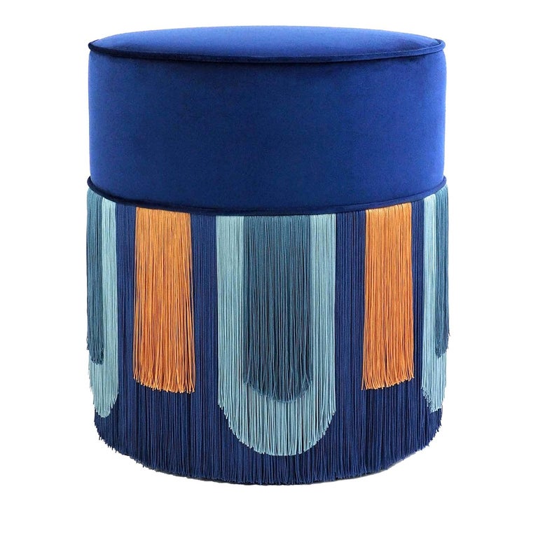 Couture Geometric Deco Blue Pouf For Sale at 1stDibs