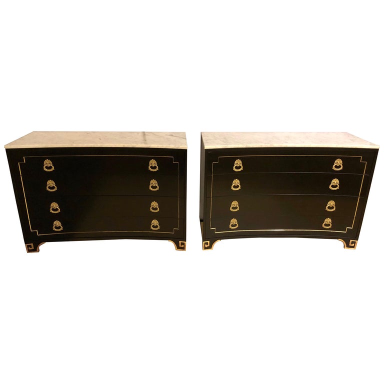 Ebony Concave Marble Top Hollywood Regency Palatial Commodes, Pair at ...