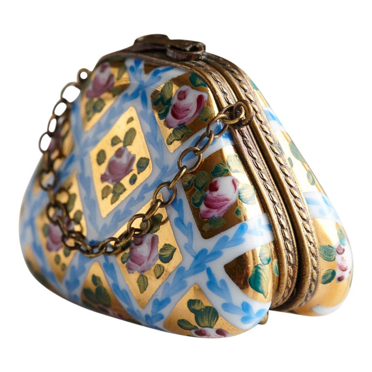 Miniature Purse Hand Painted Roses on Gold Limoges Porcelain Box, 1980s ...