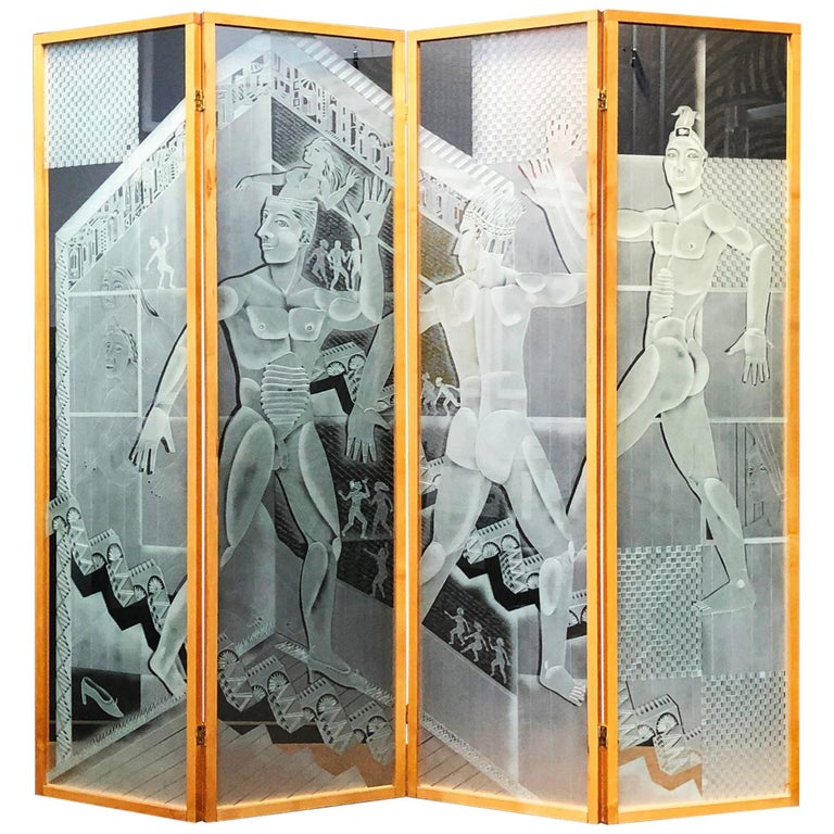 Patrick Wadley Four Panel Etched Glass Screen For Sale at 1stDibs