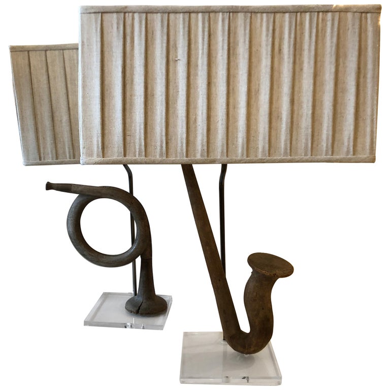 Fantastic Pair of Large Antique Carved Wooden Horn Lamps at 1stDibs