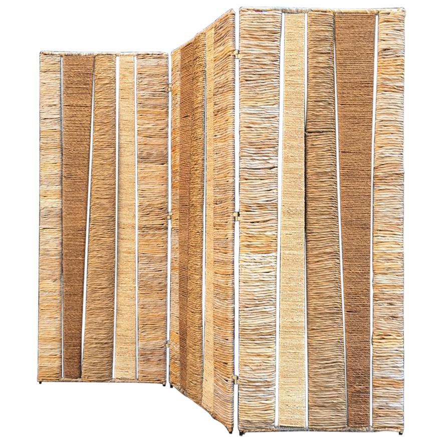 Vintage Metal and Wicker Folding Screen or Room Divider For Sale at 1stDibs