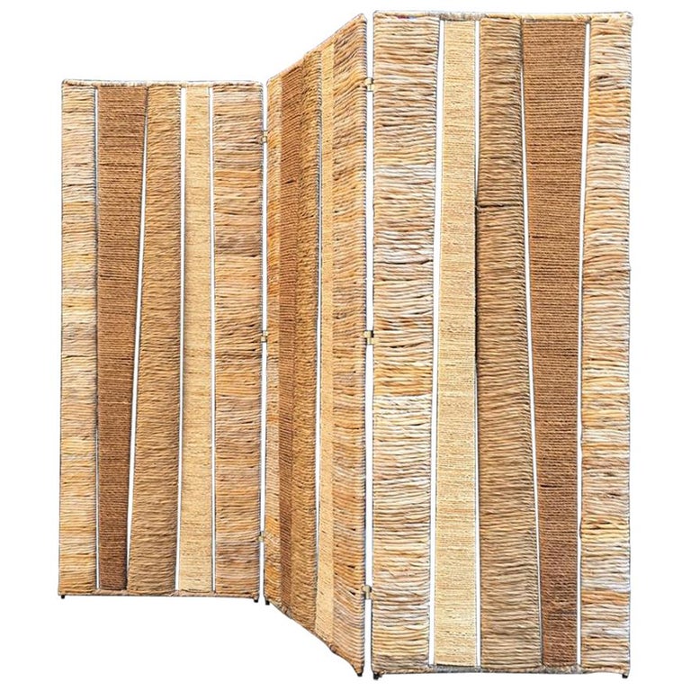 Vintage Metal and Wicker Folding Screen or Room Divider For Sale at 1stDibs