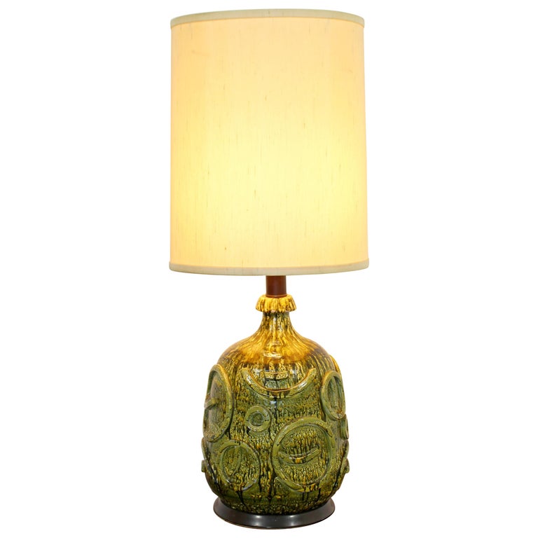 Mid-Century Modern Ceramic Abstract Studio Table Lamp 1960s Green Orig ...