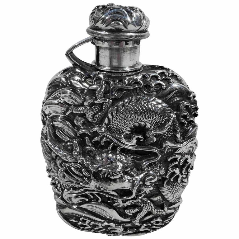 Antique Japanese Silver Flask with Dramatic Dragon and Waves For Sale ...