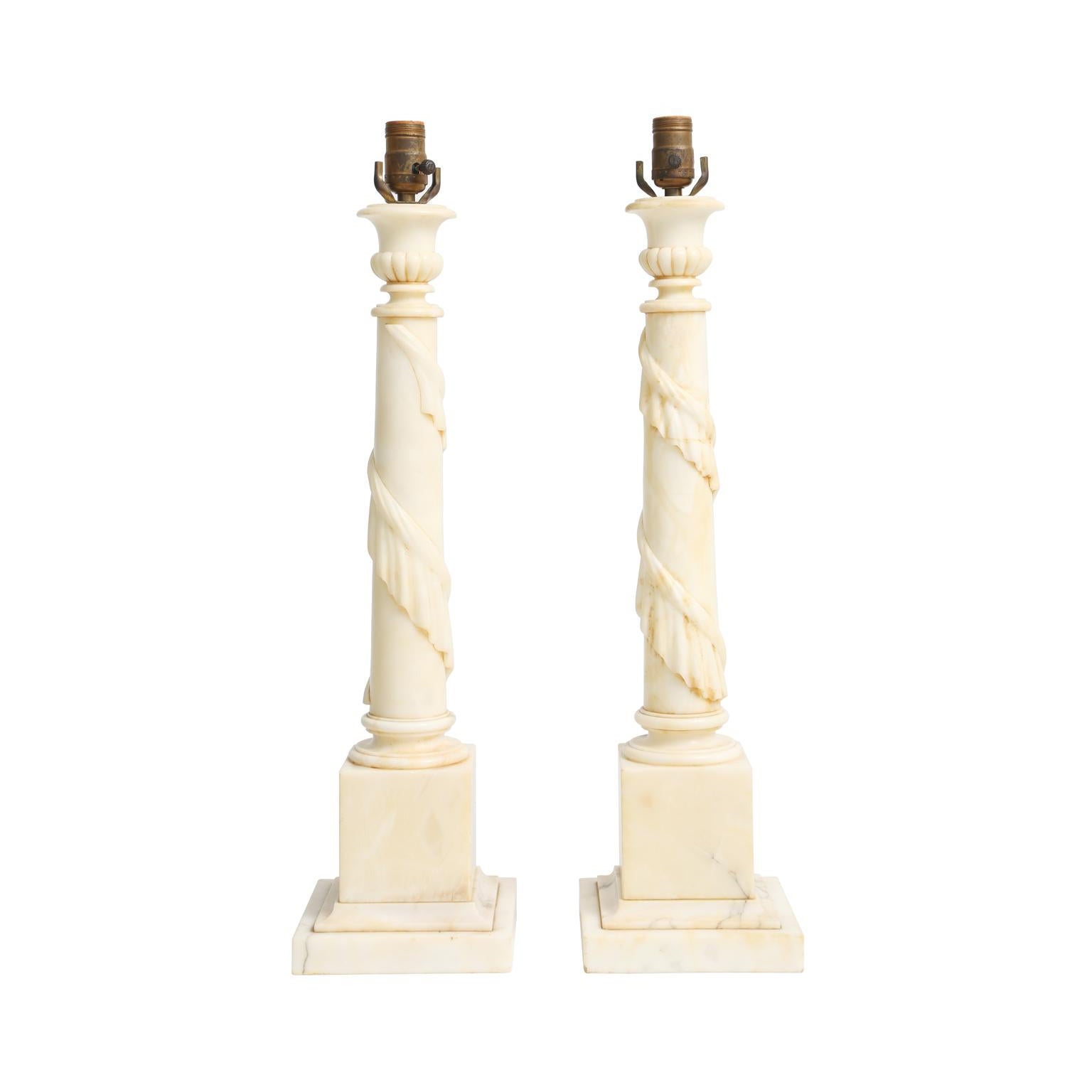 Pair of Carved Wood Column Lamps For Sale at 1stDibs