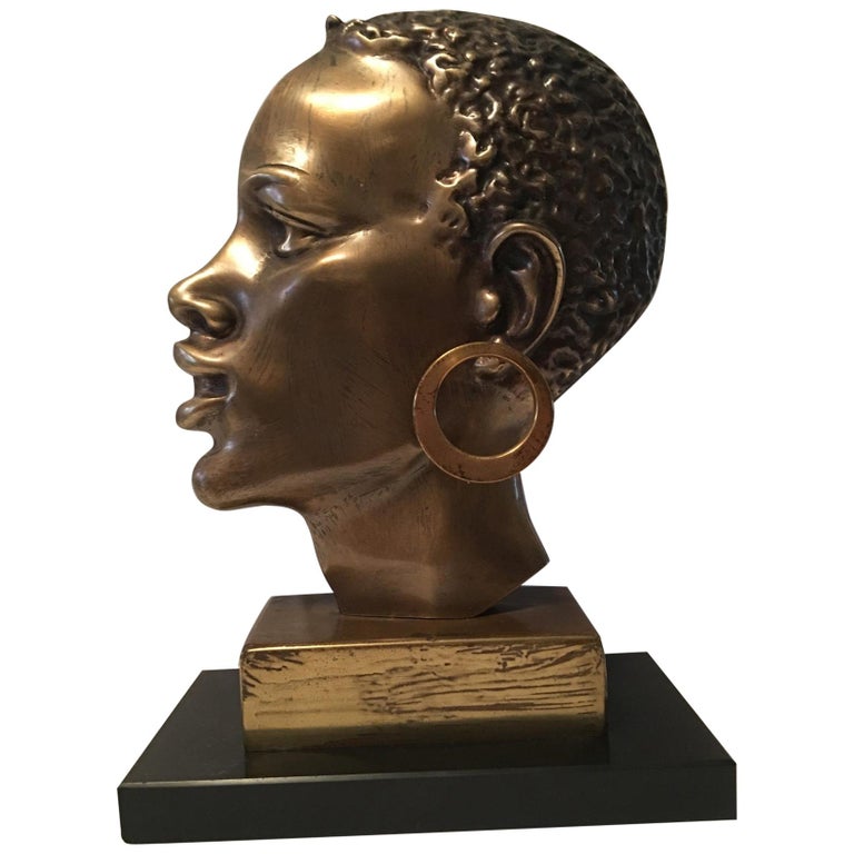 African Native Head Brass Bust on Marble Base in the Style of Hagenauer ...