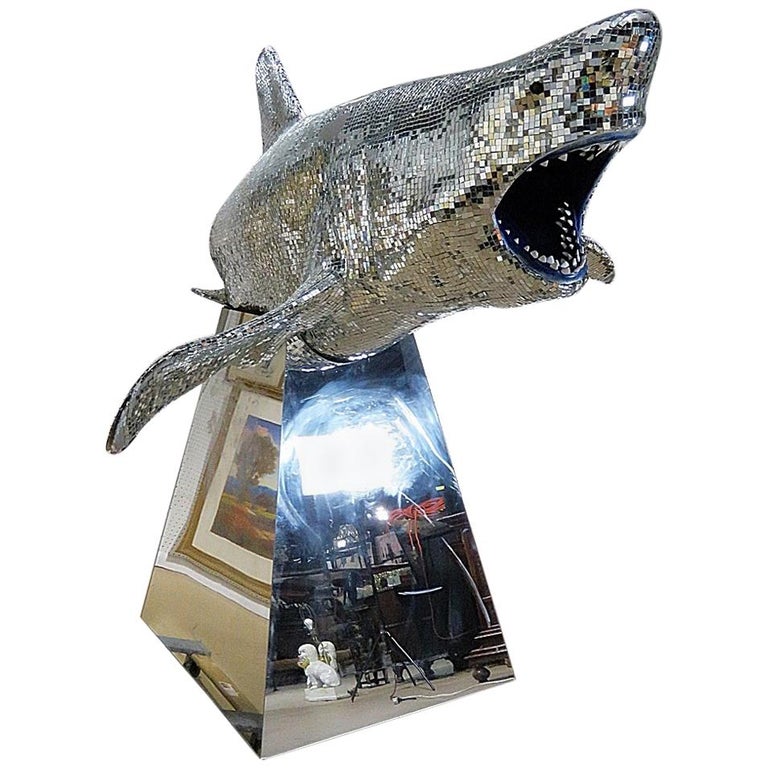 Life-Size Mosaic Shark on Mirrored Base For Sale at 1stDibs