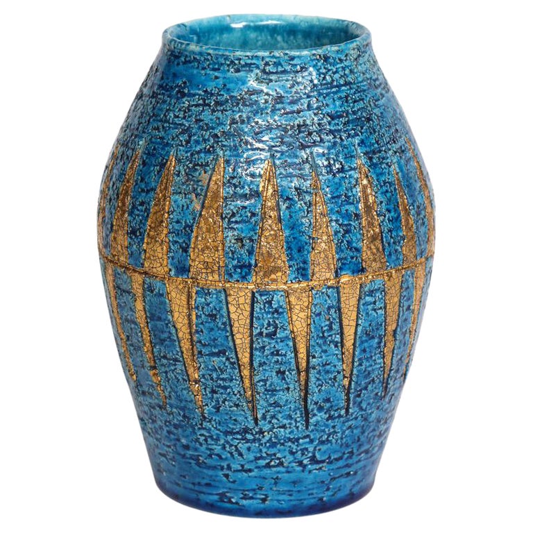 Bitossi Vase, Ceramic, Blue and Gold, Geometric, Signed For Sale at 1stDibs