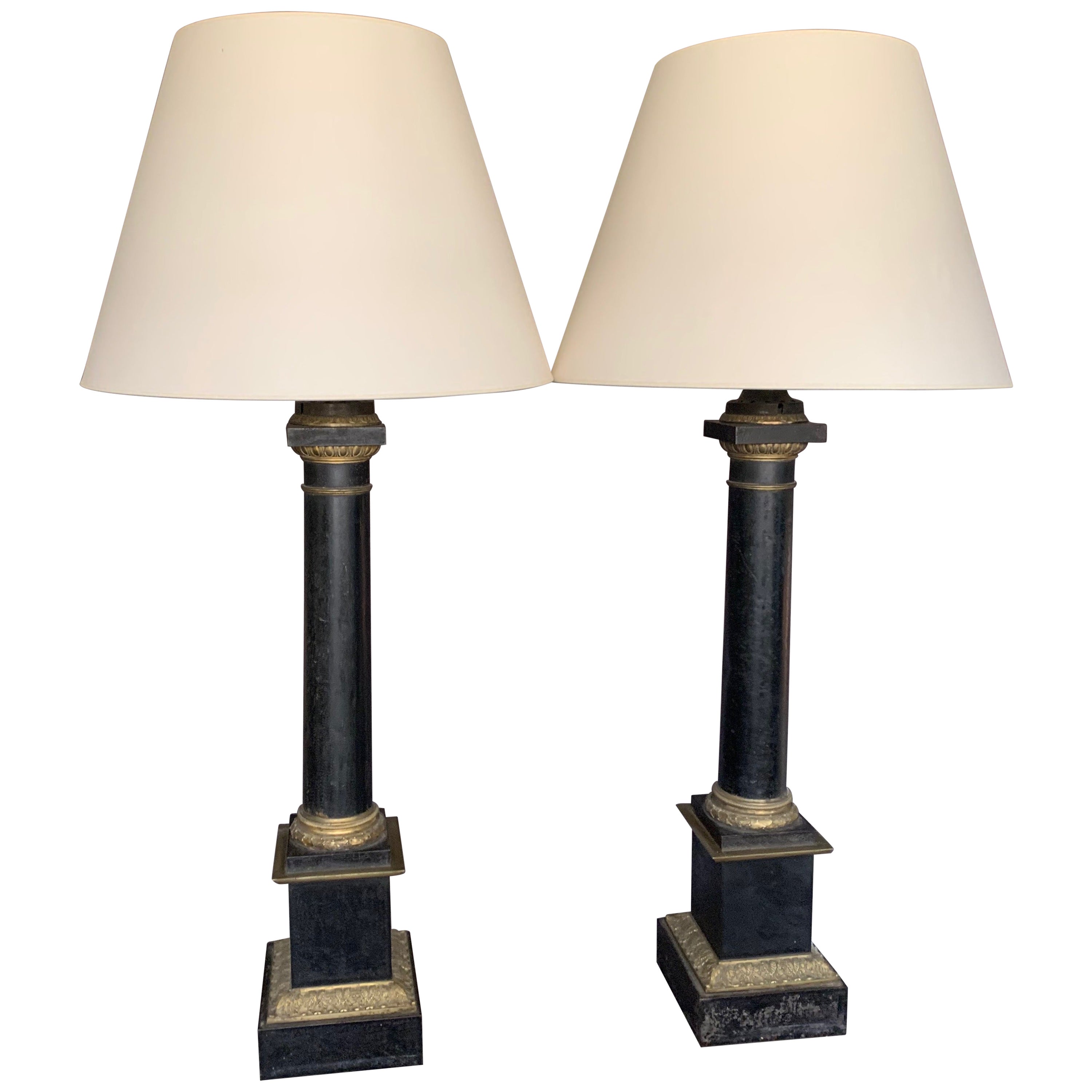 Pair of French Neoclassical Patinated Brass Column Lamps at 1stDibs
