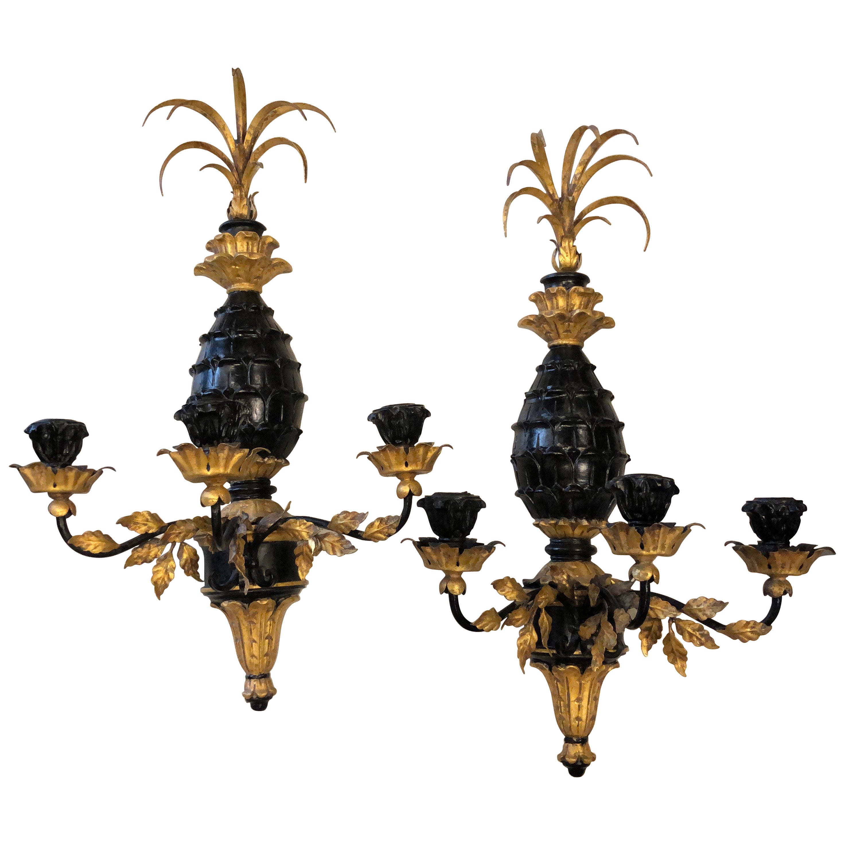 Pair of Midcentury American Brass Pineapple Sconces For Sale at 1stDibs