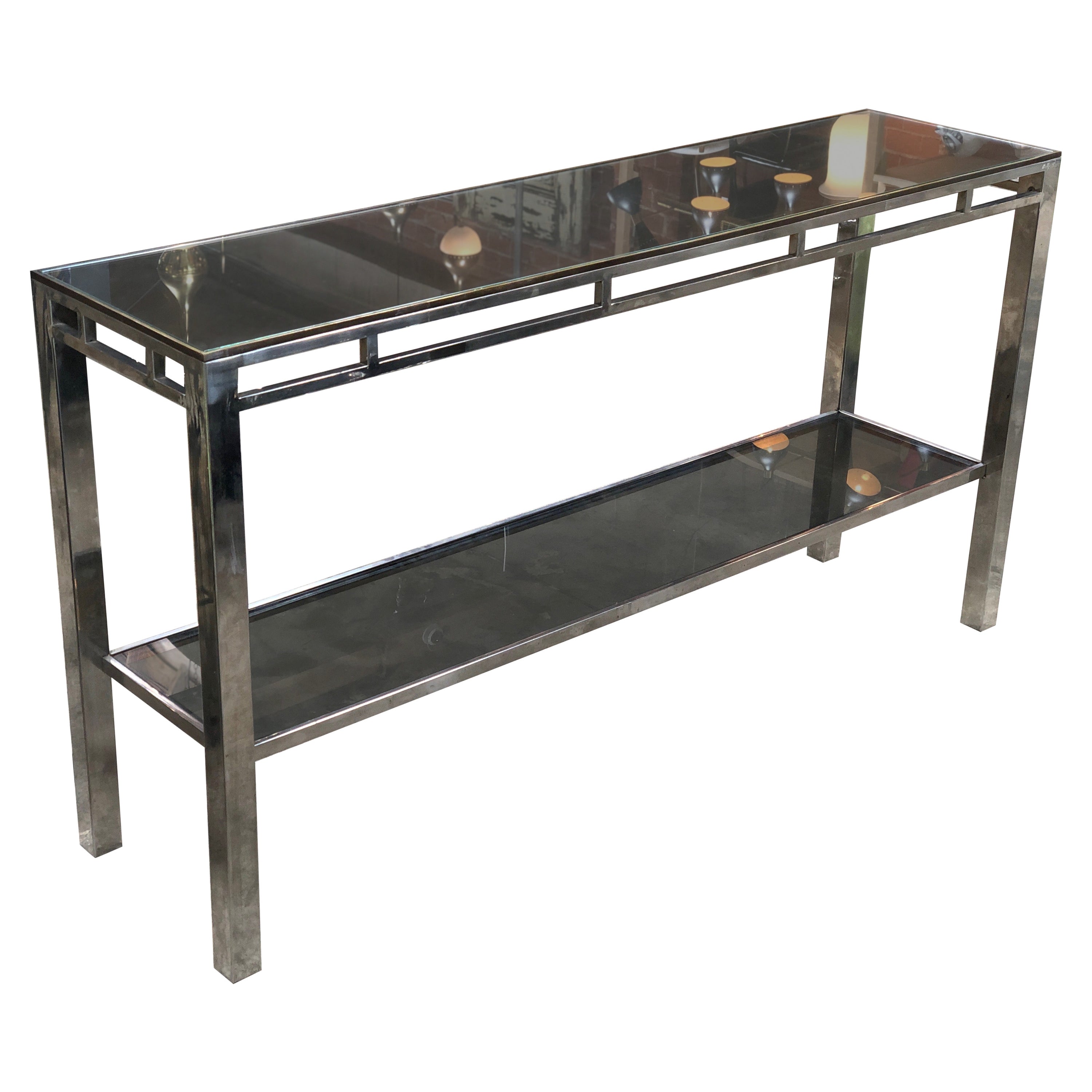 Willy Rizzo Style Brass and Chrome Bicolor Two-Tiered Double Shelved ...