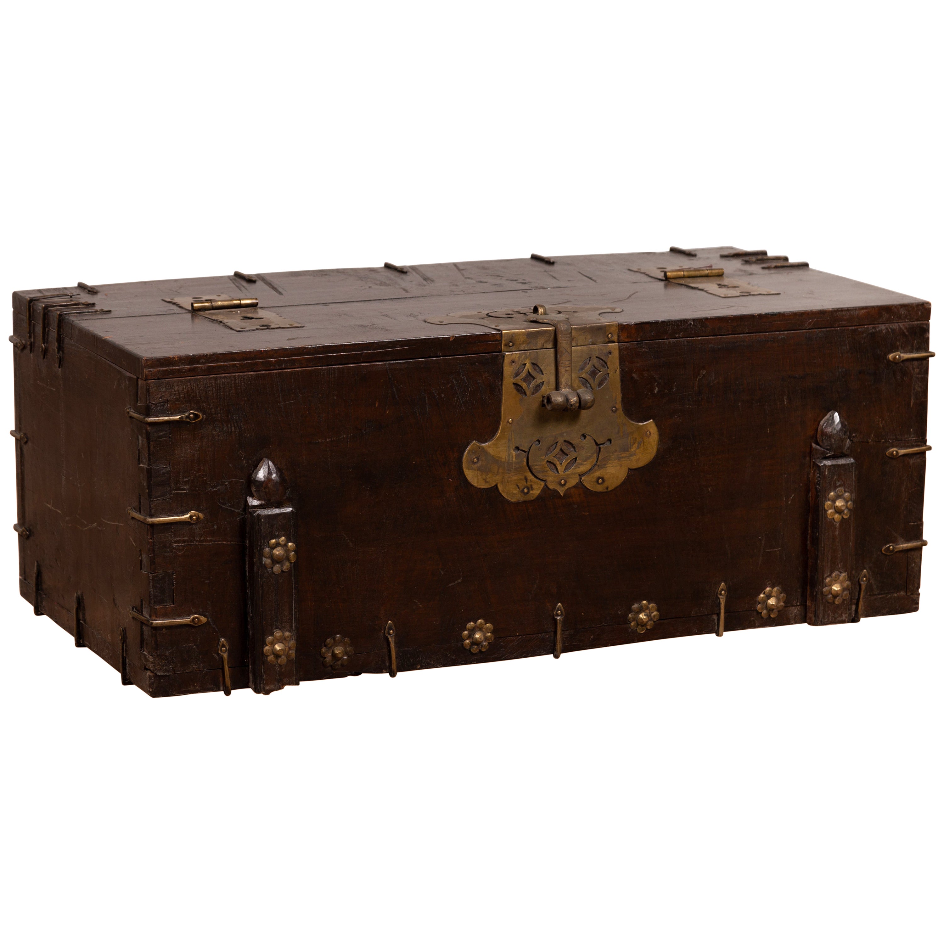 Small Antique Rustic Korean Wooden Trunk with Metal Hardware and Brown ...