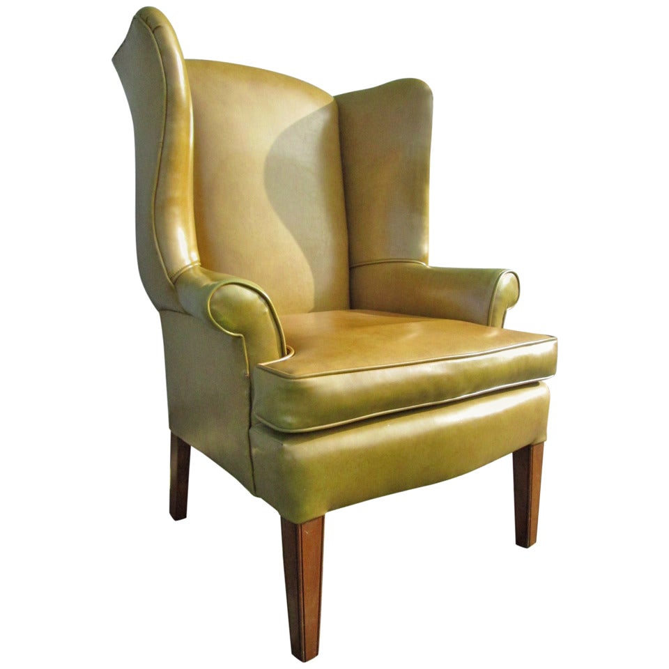 Classic Vintage Chippendale Style Black Leather Wingback Chair at 1stDibs